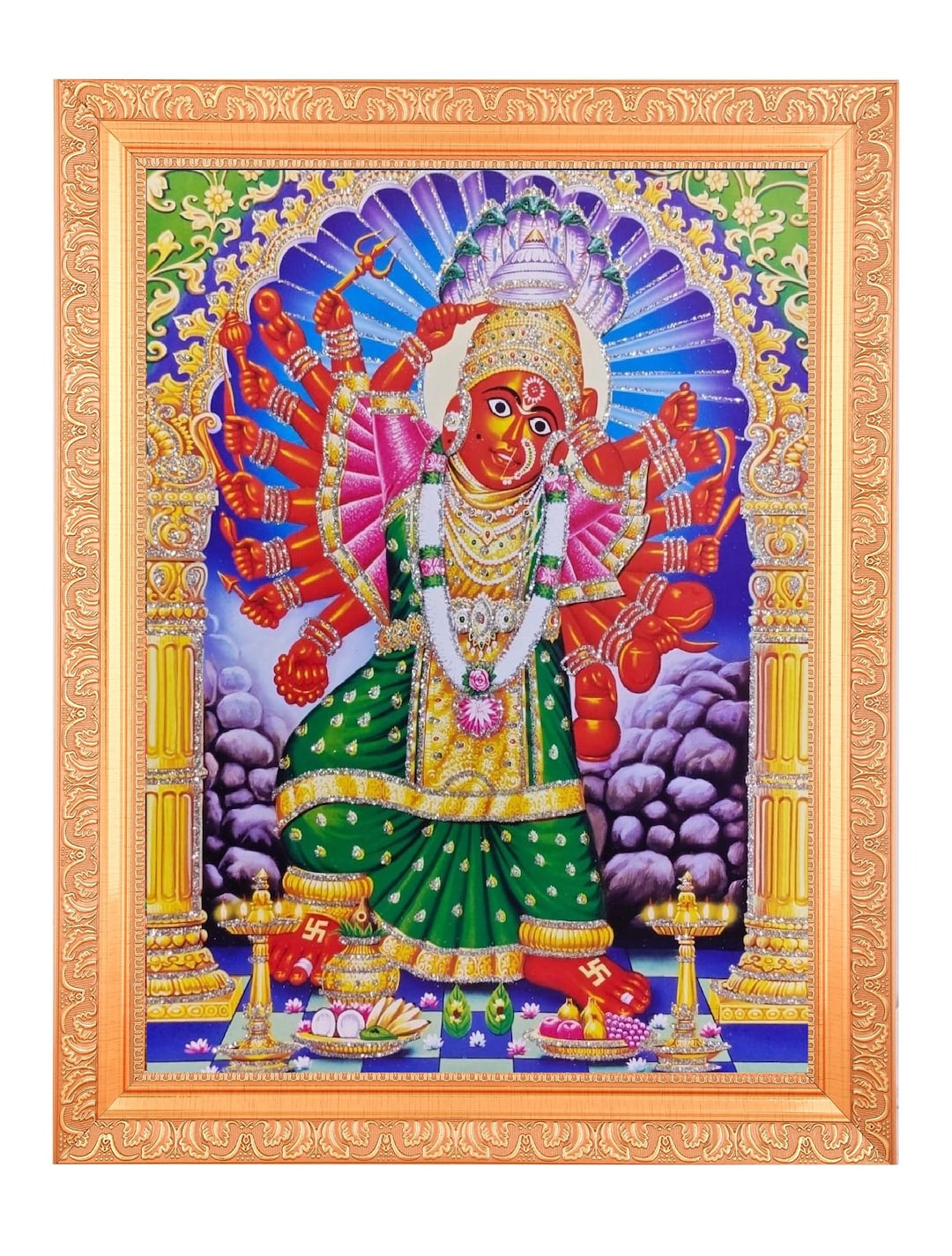 Saptashrungi Devi Zari Art Print Elegant Photo in Golden Artwork Frame ...