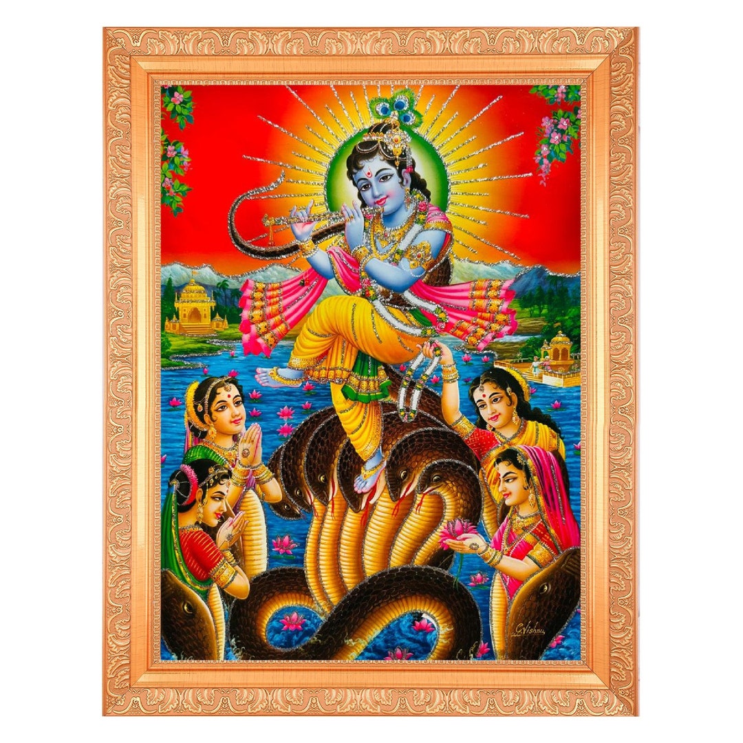 Bhagwan Krishna Dancing on Kaaliya Naag Zari Art Print Photo in Golden ...
