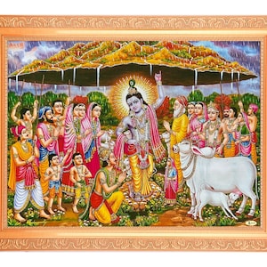Shree Krishna Lifts Govardhan Parvat Print, Silver Zari Copper Gold ...