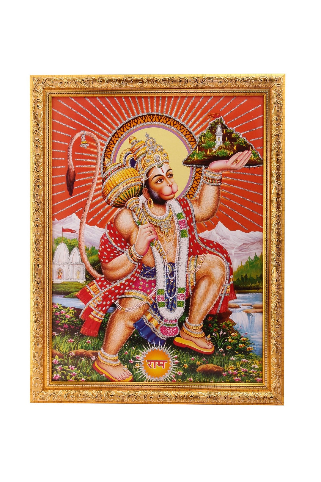 Hanuman-ji With Parvat Silver Zari Art Work Photo in Golden Frame Big ...