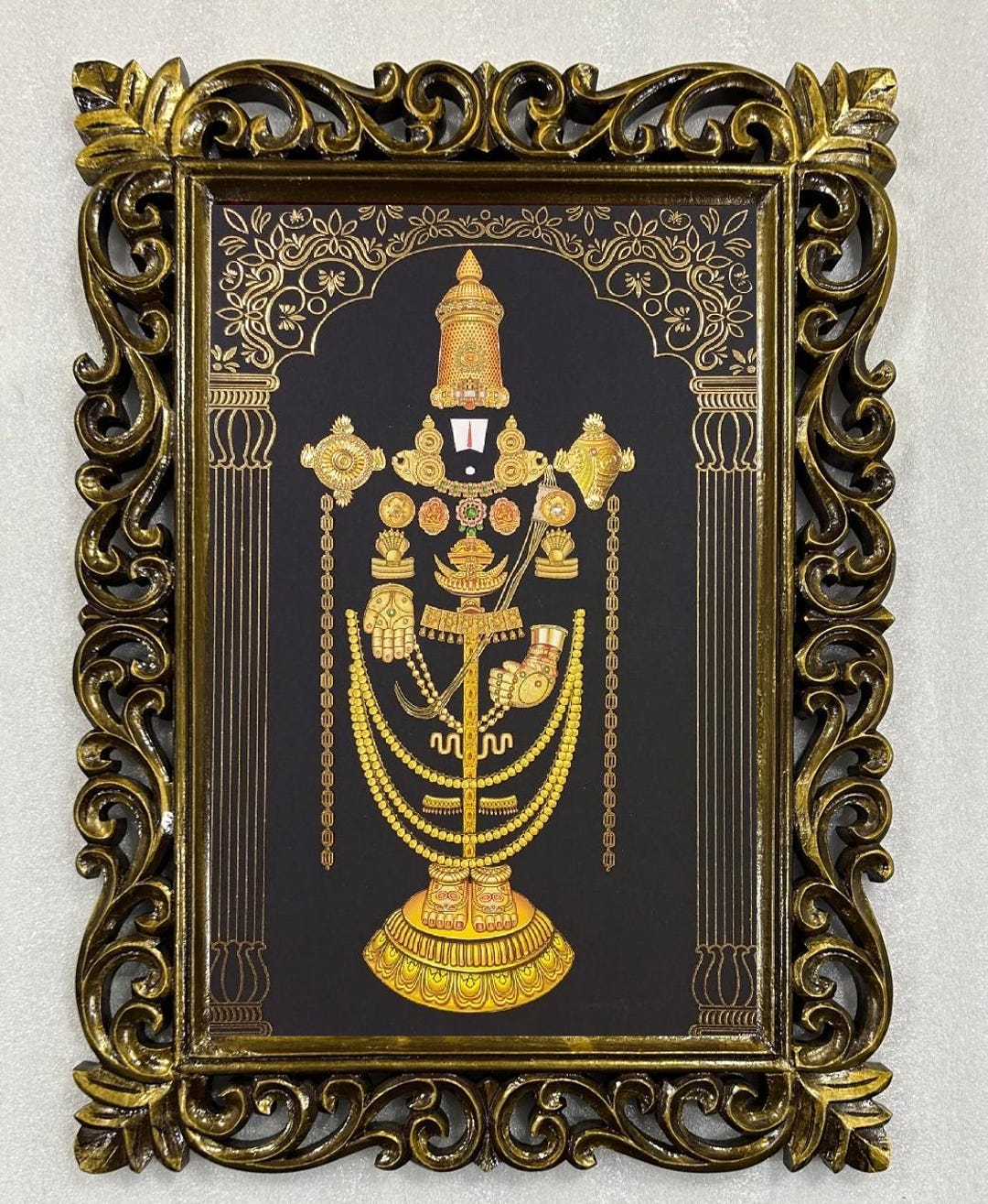 Tirupati Balaji Gold Work Photo Design Painting Print in Carved Wooden ...