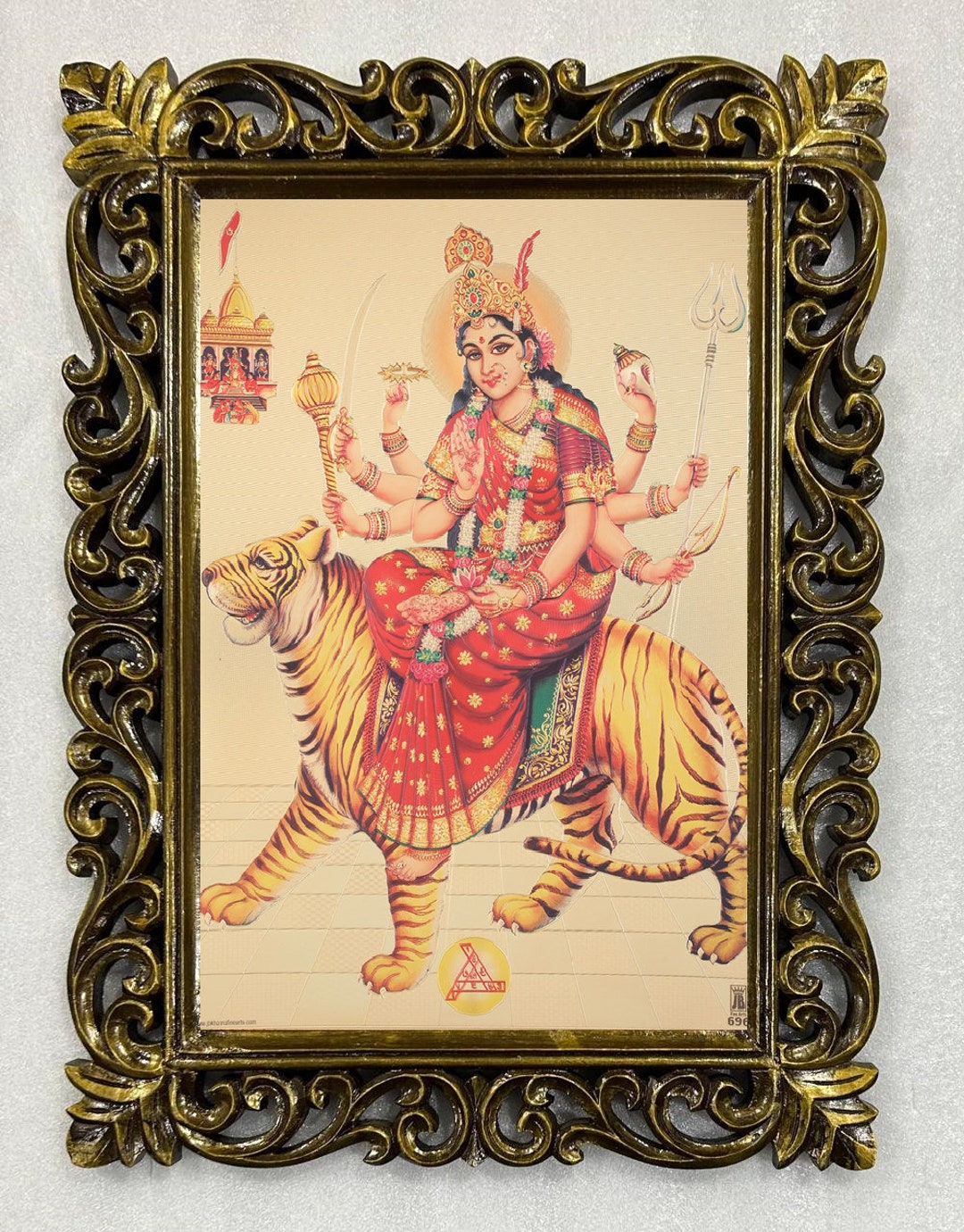 Sherawali Maa Gold Print Photo Design in Carved Wooden Frame Duco ...