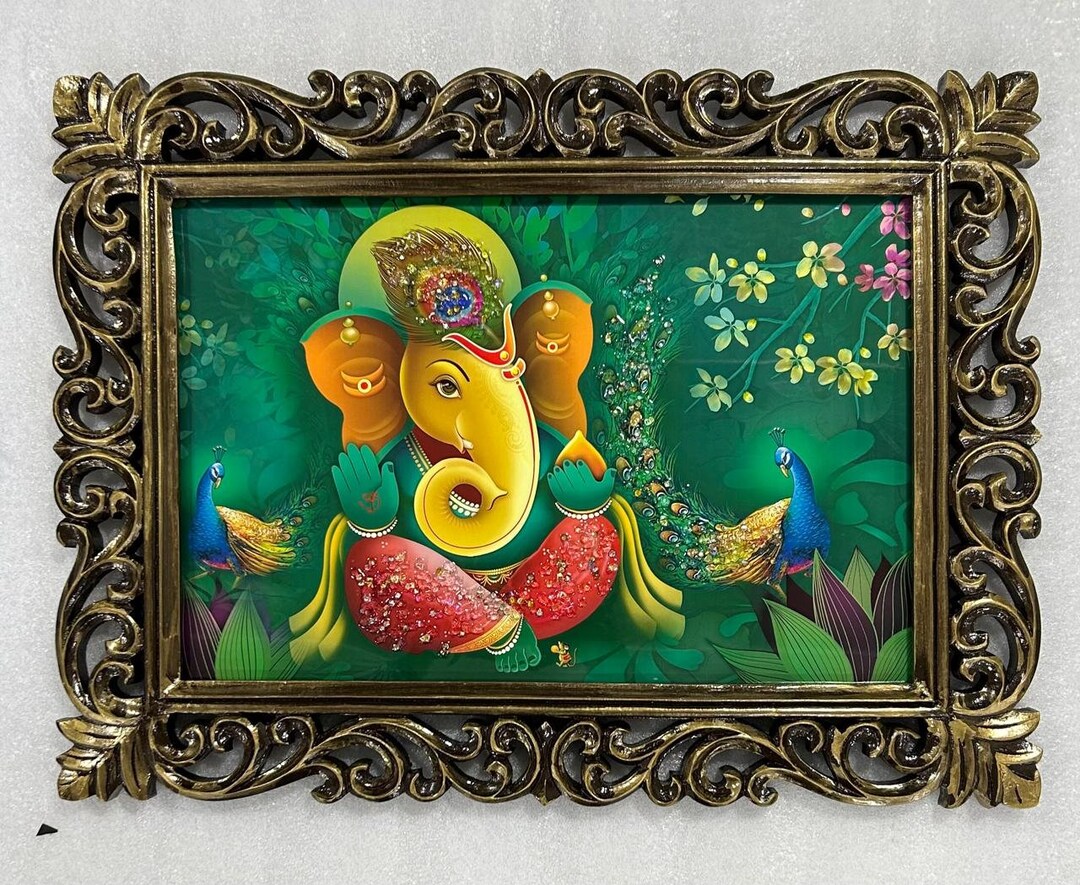 Ganesh-ji Artistic Crystal Art-work Laminated Painting in Carved Wooden ...
