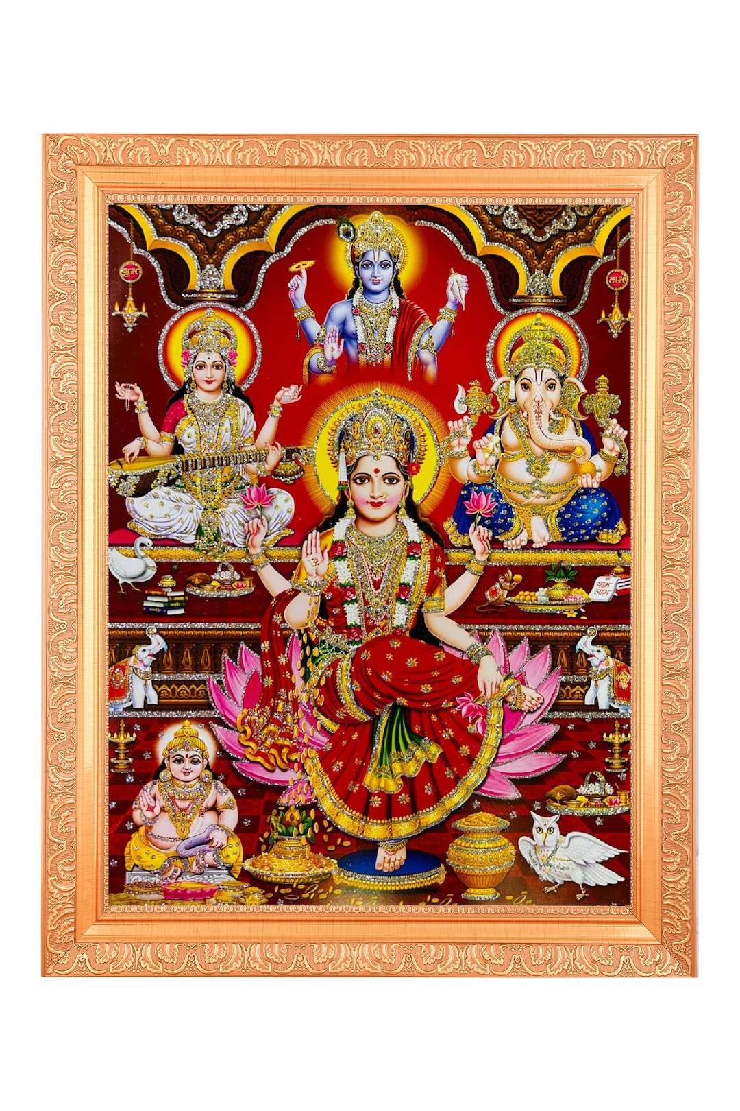 Shree Lakshmi Saraswati Ganesh Vishnu Kuber Silver Zari Print Photo in Golden Frame Big (14 X 18 ...