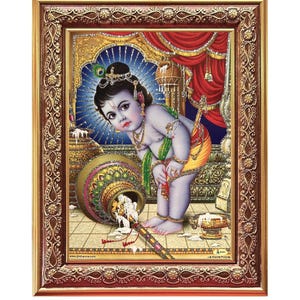 Bal Krishna Golden Art Work Colour Photo Print in Golden Wall Hanging ...
