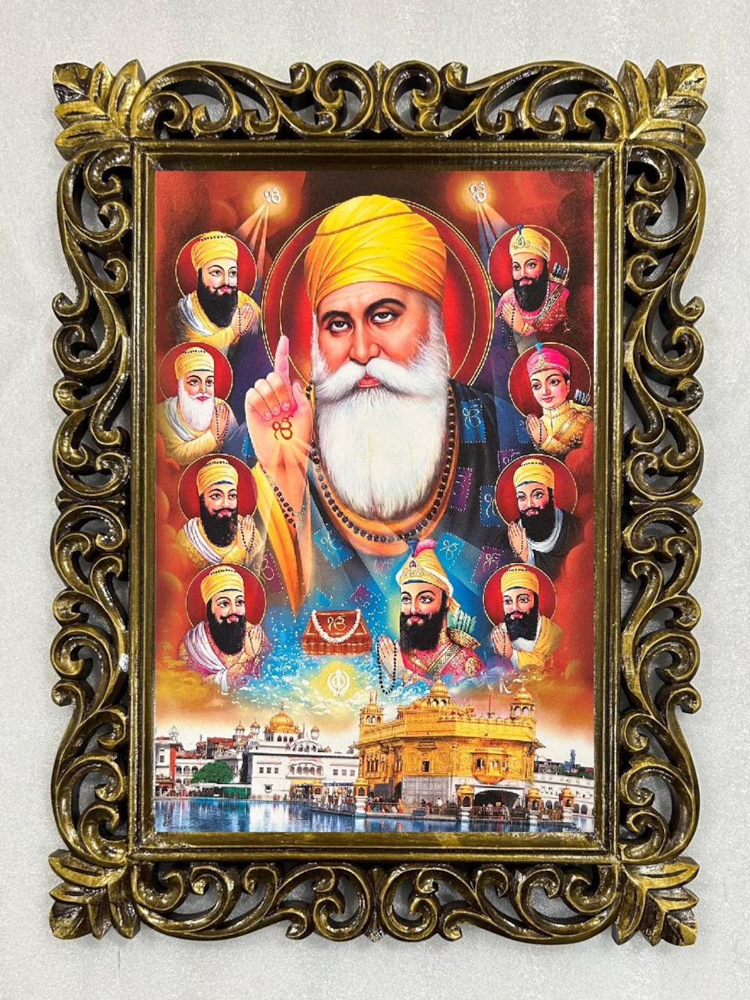The Ten Sikh Gurus Painting Print in Carved Wooden Frame Duco Finish ...