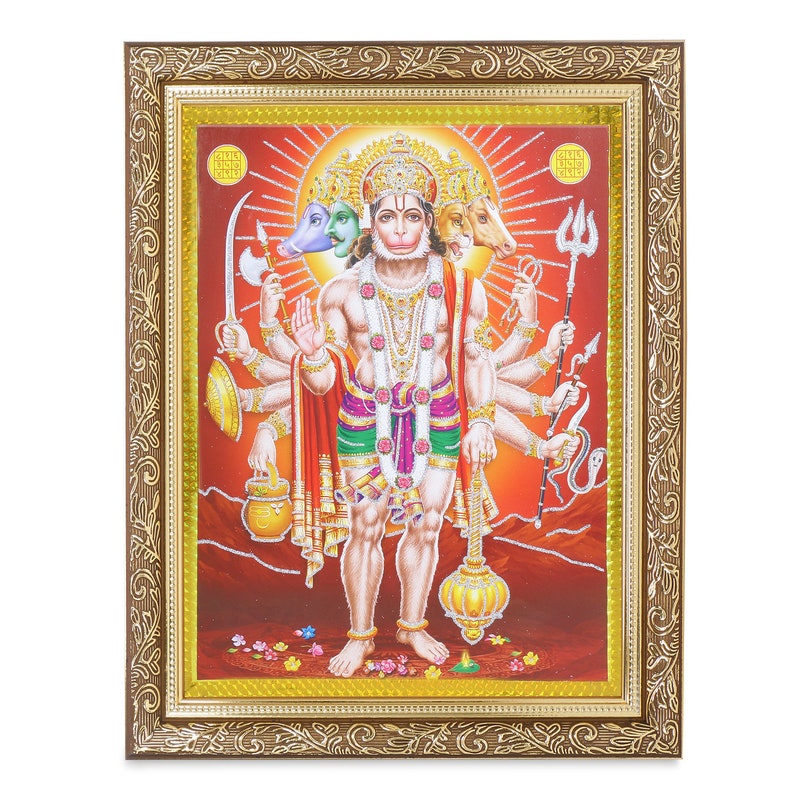 Panchmukhi Hanuman Art Photo in Golden Frame, Silver Zari Work (11x13 ...