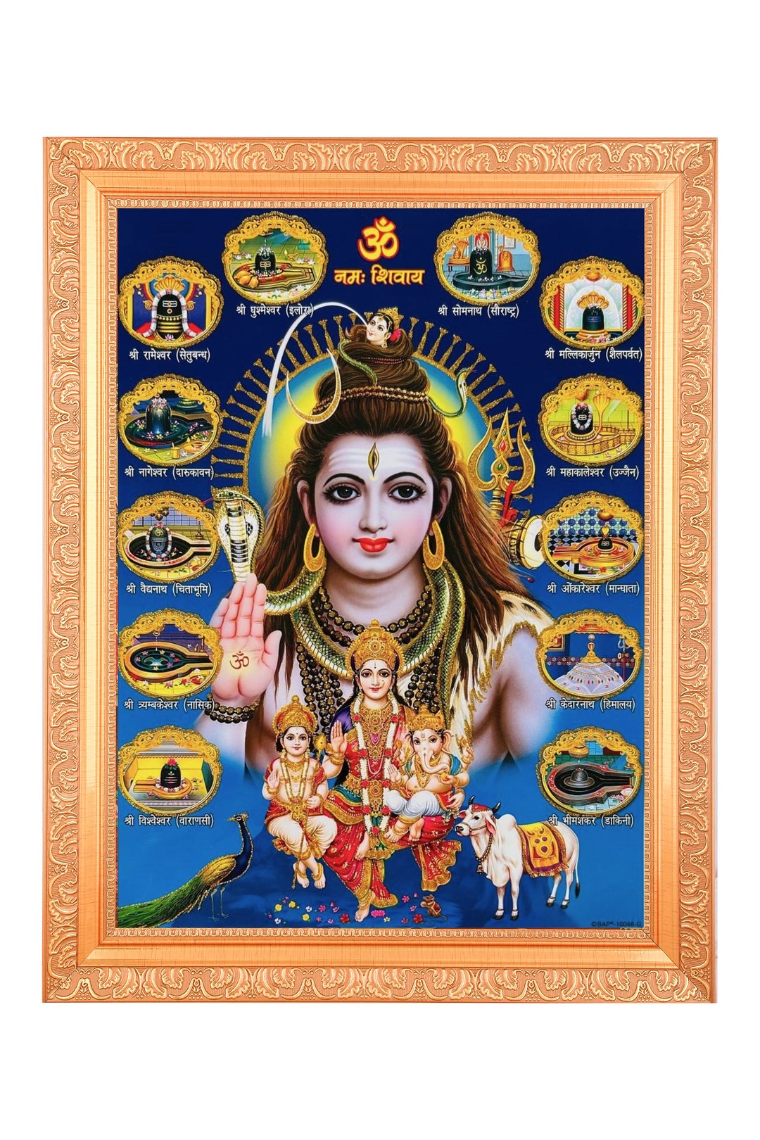 Shivji With 12 Jyotirlingas and Parivar Golden Zari Art Work Photo ...