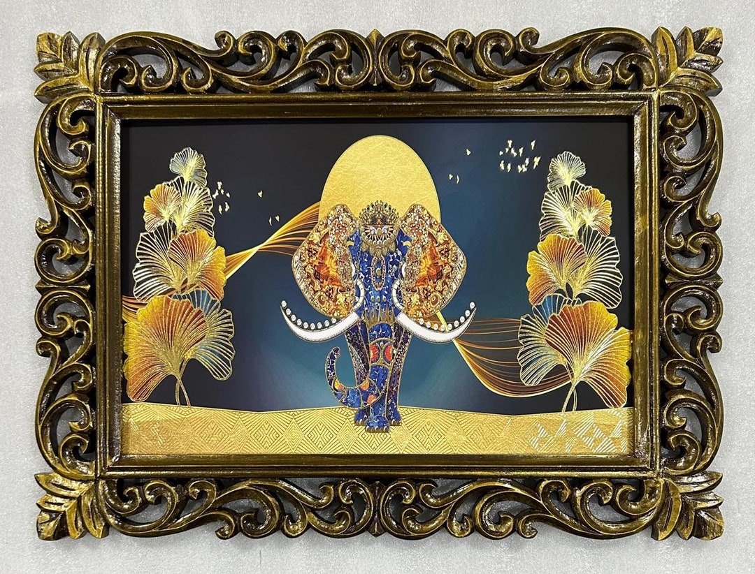 Elephantine Elegance Gold Work Photo Design Painting Print in Carved ...