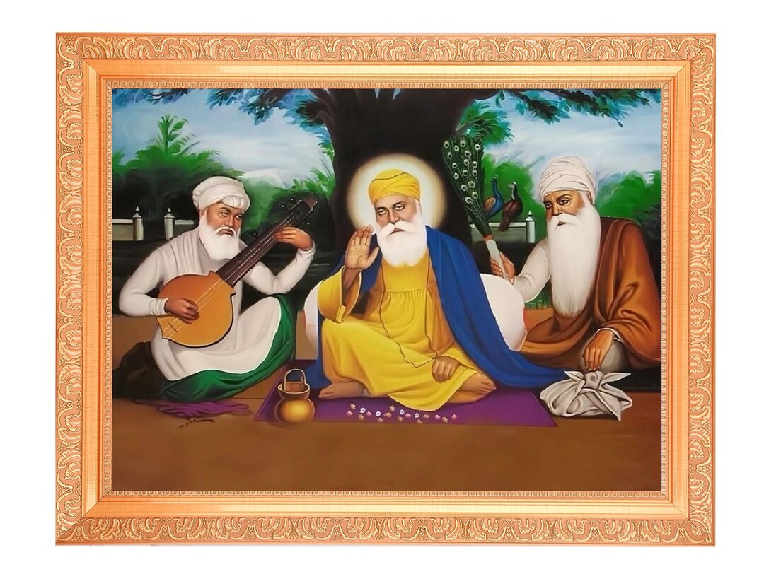 Shri Guru Nanak Devji With Golden Temple and Bala Mardana Silver Zari ...