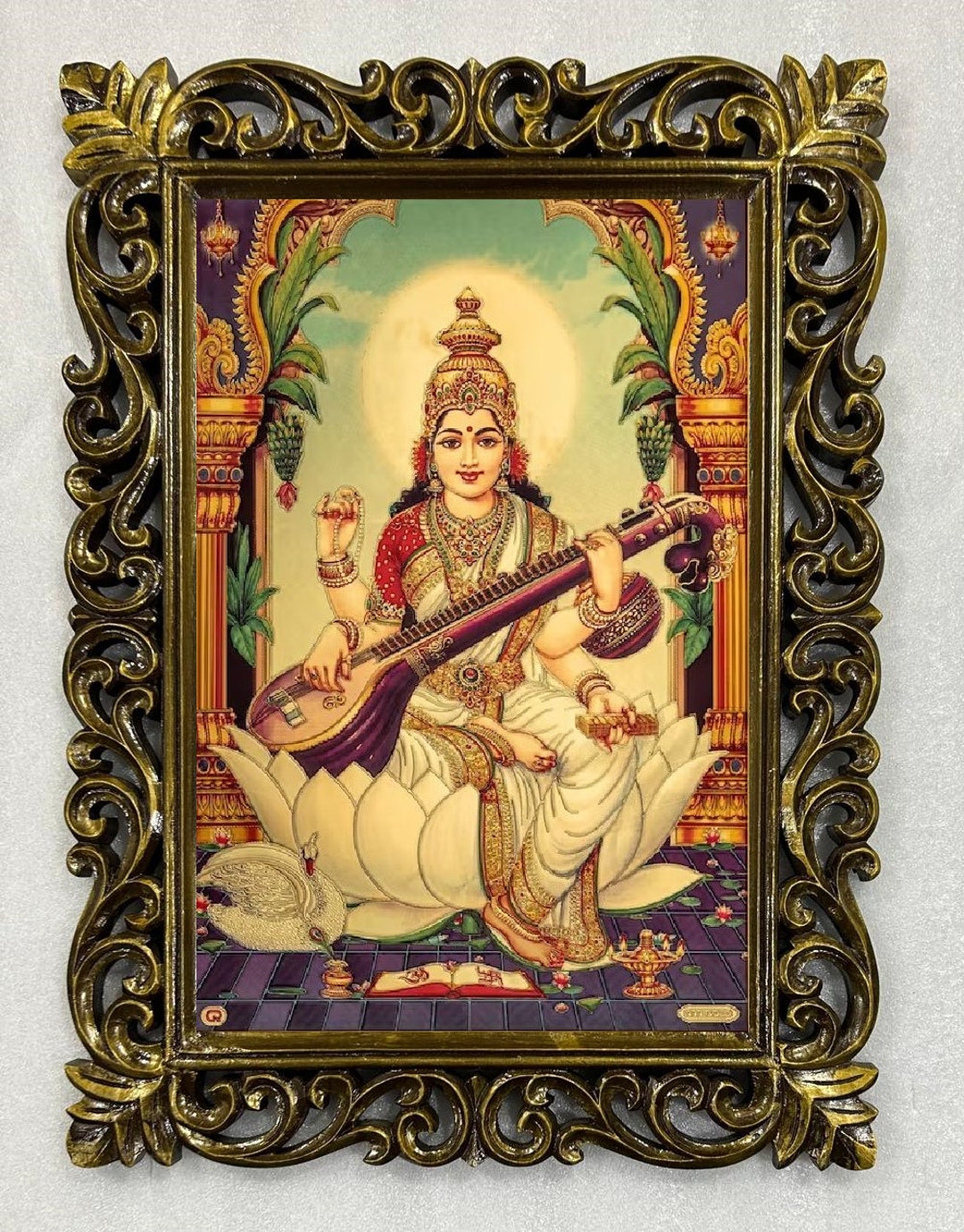 Saraswati Maa Gold Print Photo Design in Carved Wooden Frame Duco ...
