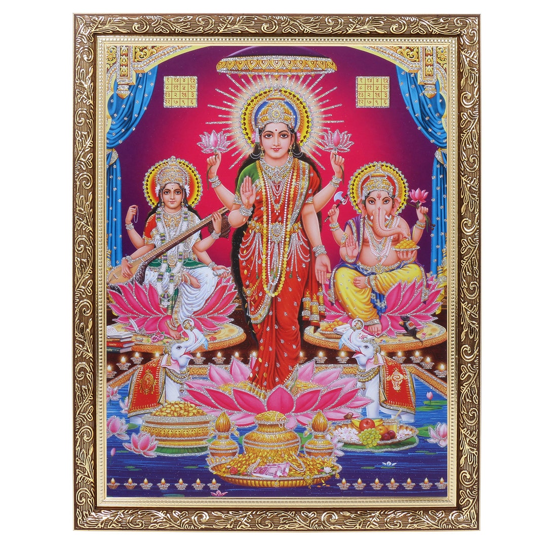 Lakshmi Saraswati Ganesha Painting Print Silver Zari Artwork Photo in ...