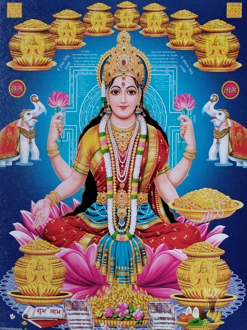 Impresión brillante de Maa Lakshmi en marco dorado (28 x 33 cm) - Etsy ...