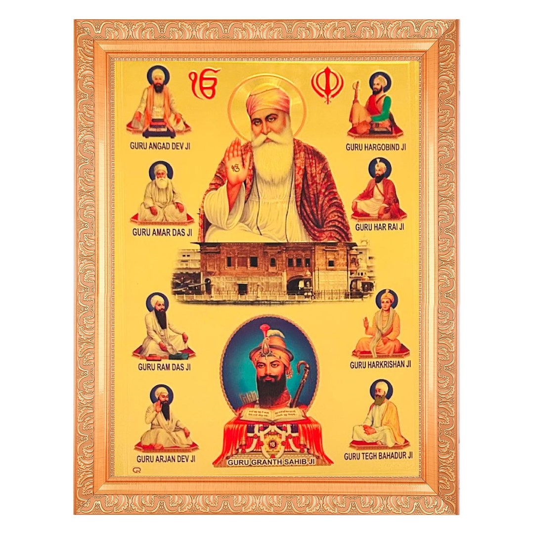 Sikh 10 Gurus Beautiful Golden Foil Photo in Art Work Golden Frame (11 ...