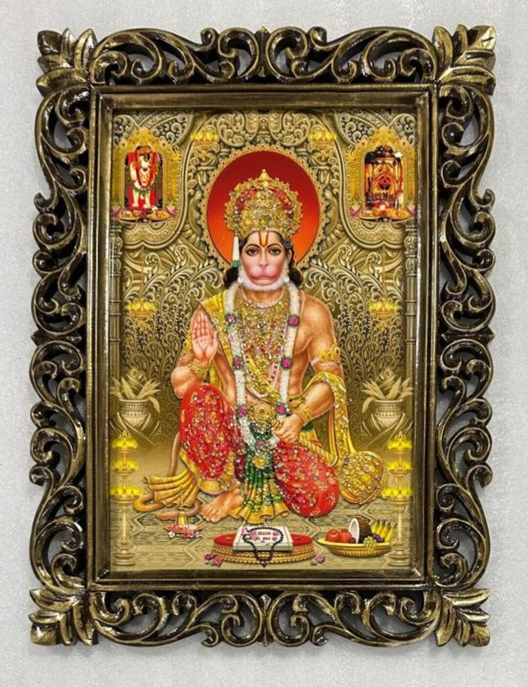 Hanumanji Artistic Crystal Art-work Laminated Painting in Carved Wooden ...