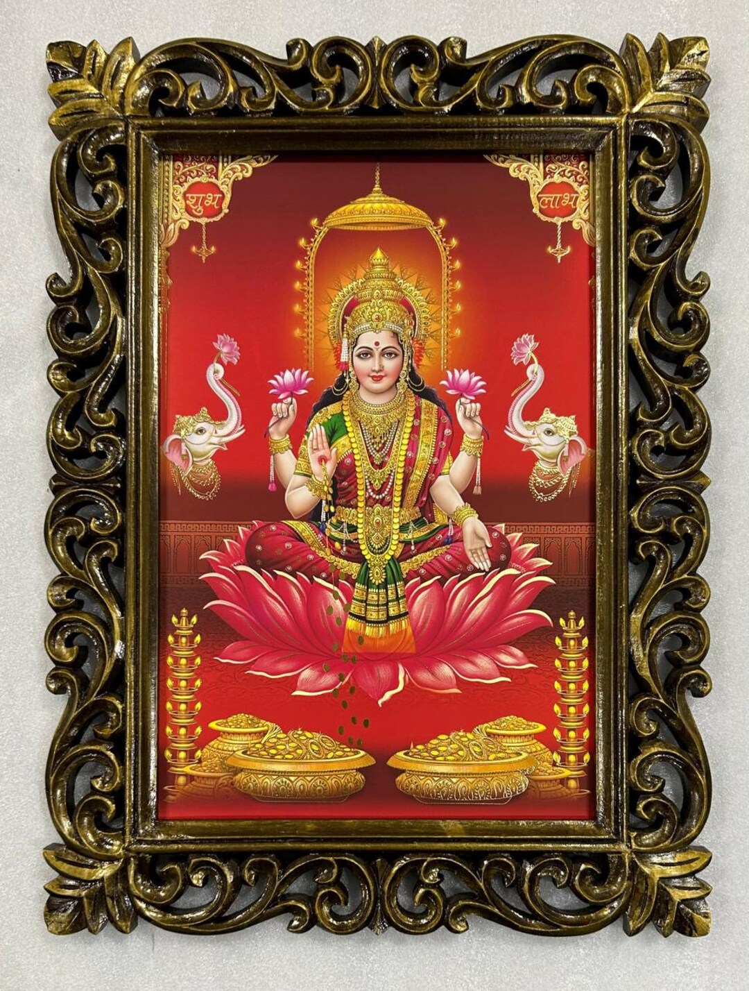 Maa Lakshmi Painting Print in Carved Wooden Frame (23x17 Inch) - Etsy UK
