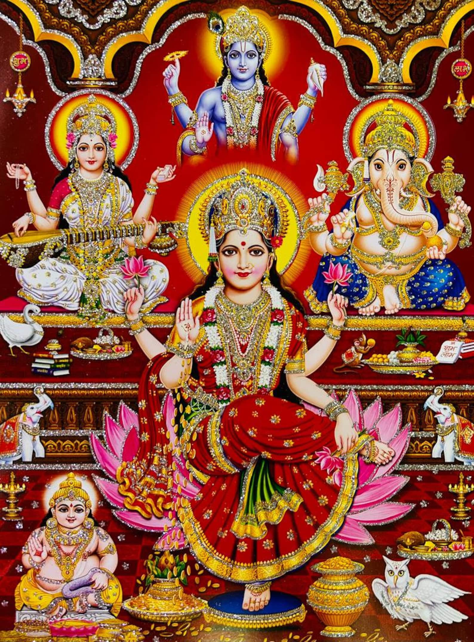 Shree Lakshmi Saraswati Ganesh Vishnu Kuber Silver Zari Print - Etsy