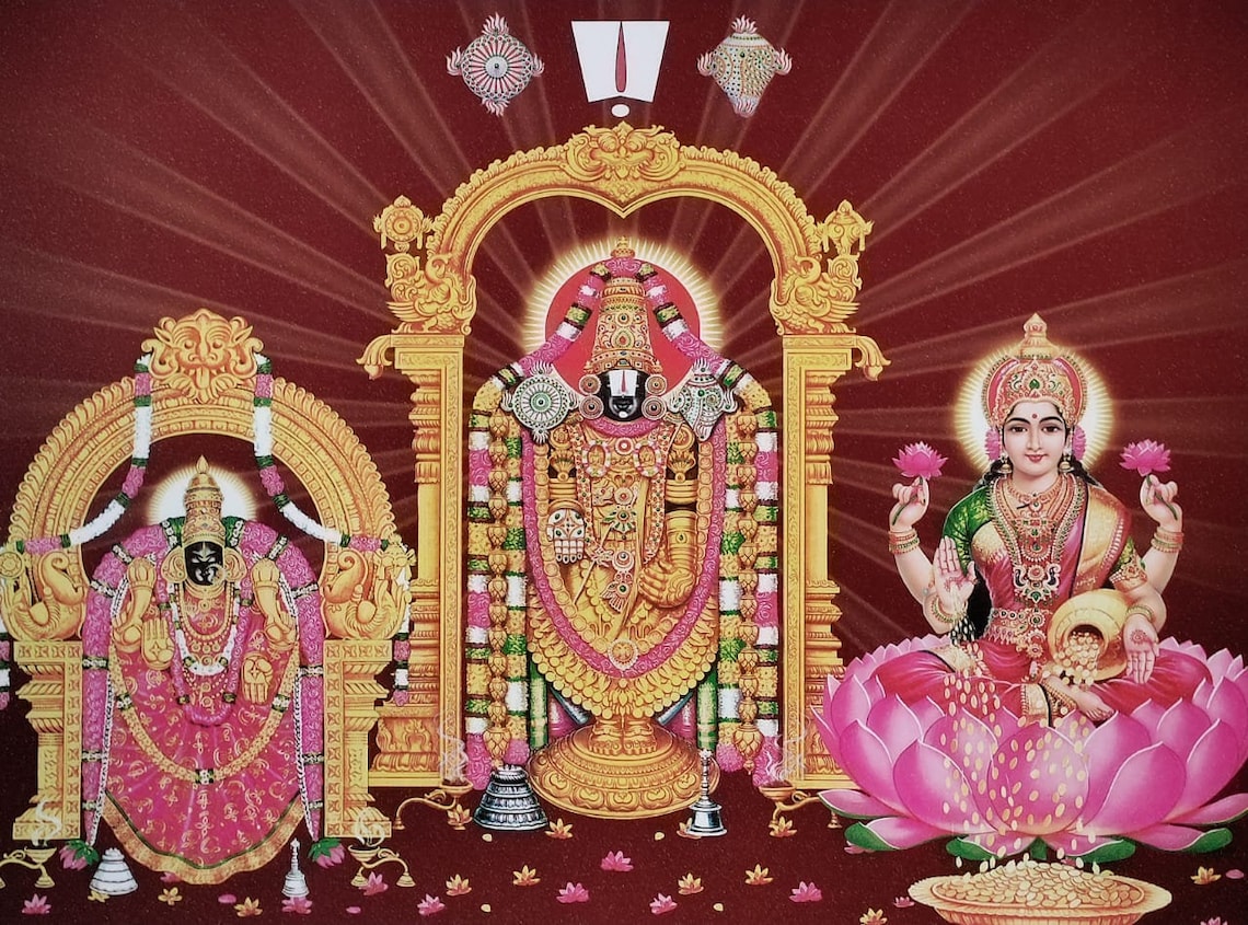 Hindu Gods Perumal With Padmavati Devi & Lakshmi Sparkle Print | Etsy