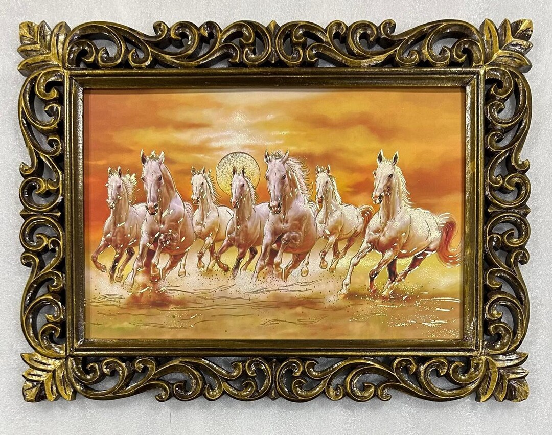 7 Running Horses Sunrise Gold Work Photo Design Painting Print in ...