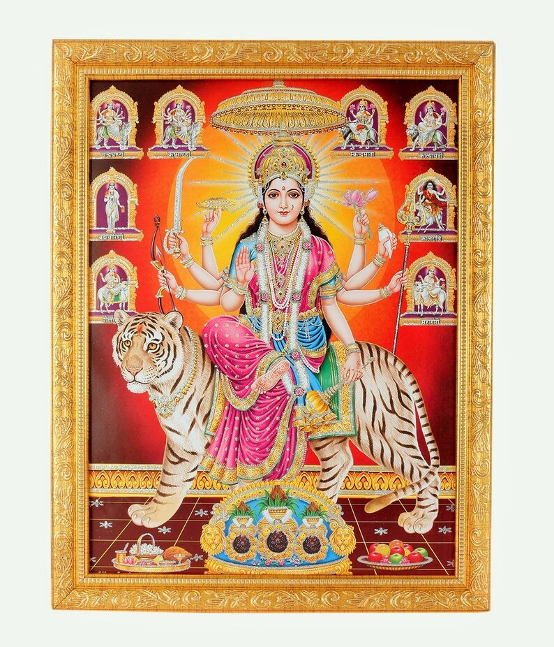 Maa Nav Durga Silver Zari Art Work Photo in Golden Frame Big - Etsy