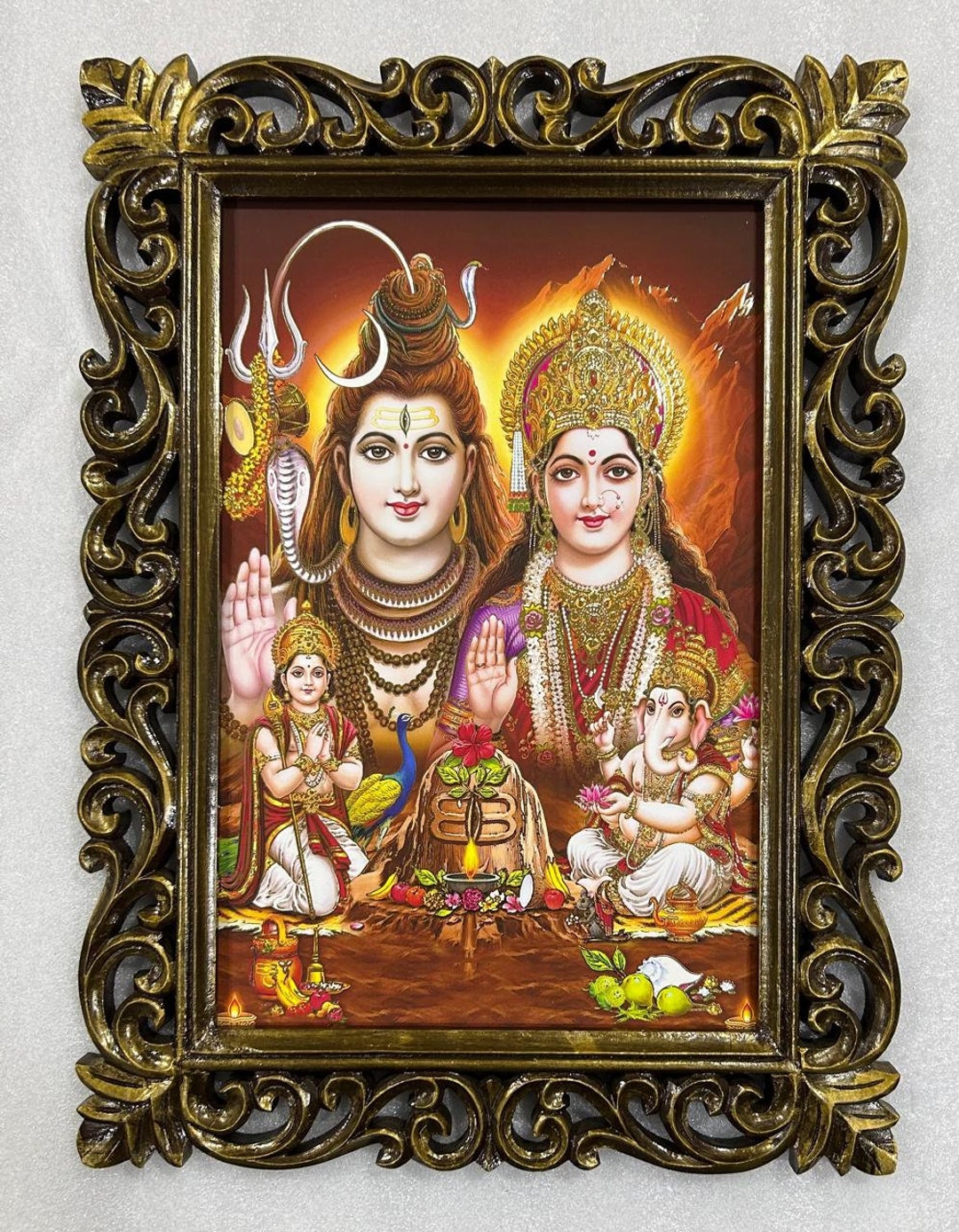 Shiv Parivar Artistic Gold Work Photo Design Painting Print in Carved ...