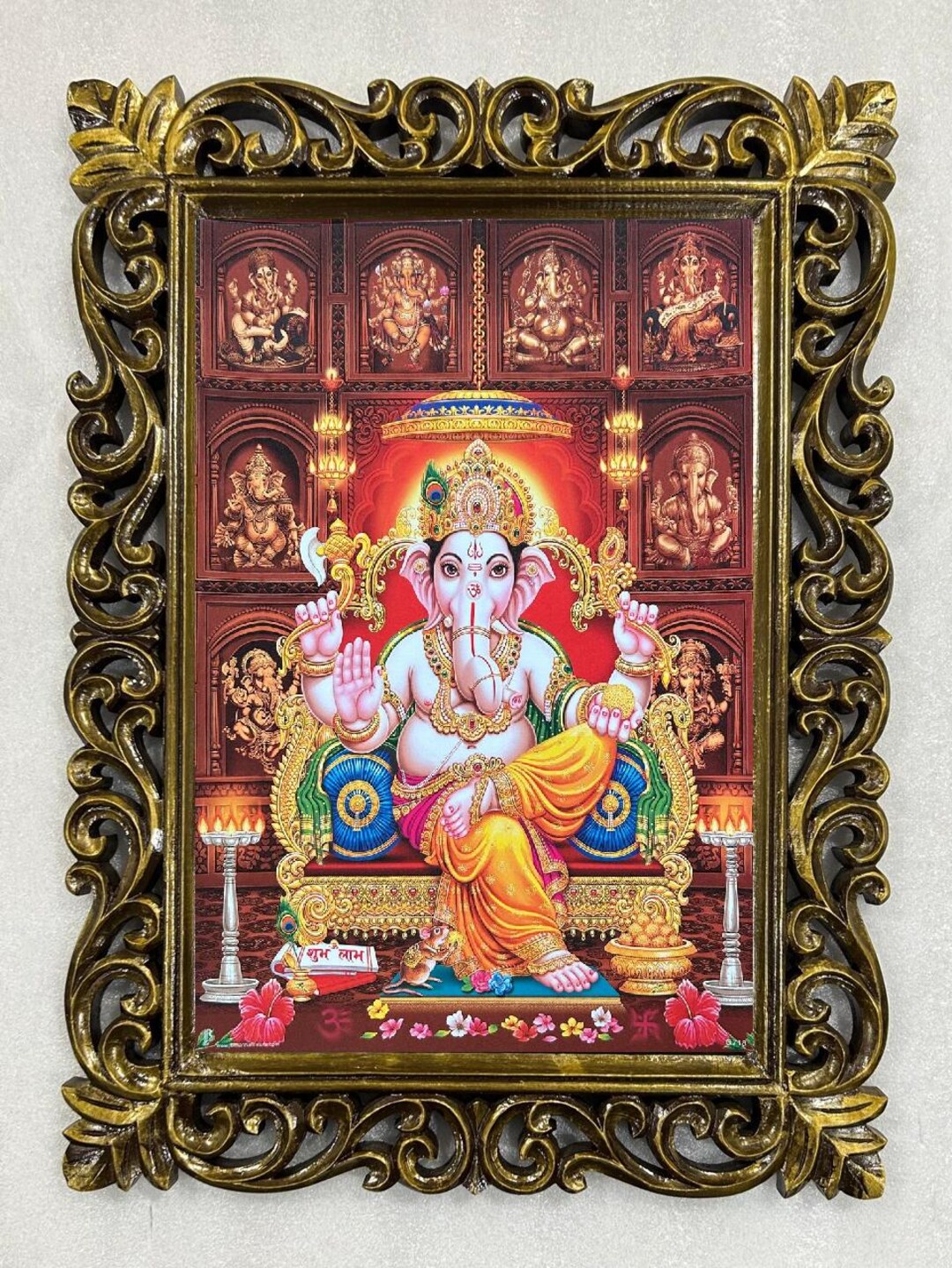 Ashta Ganapati Painting Print in Carved Wooden Frame Duco Finish ...