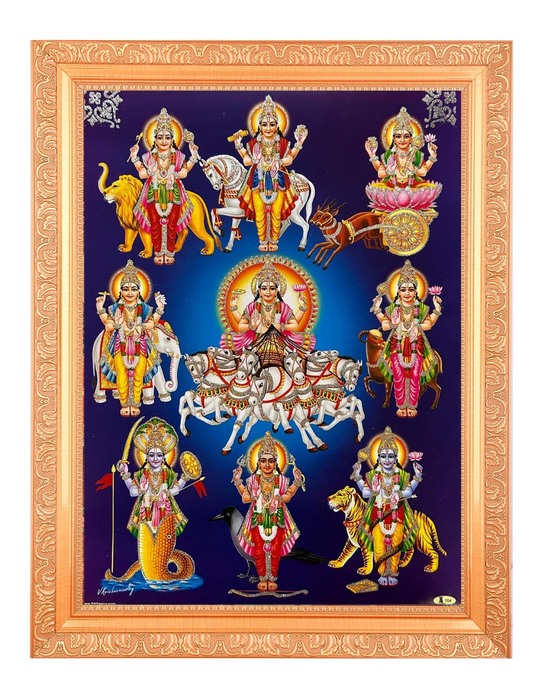 Bhagwan Vishnu Navagrahas Silver Zari Art Work Photo in Golden Frame ...