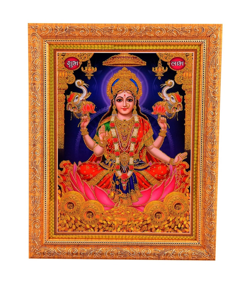 Lakshmi Maa Golden Zari Art Work Photo in Golden Frame 11 X 13 Inches ...