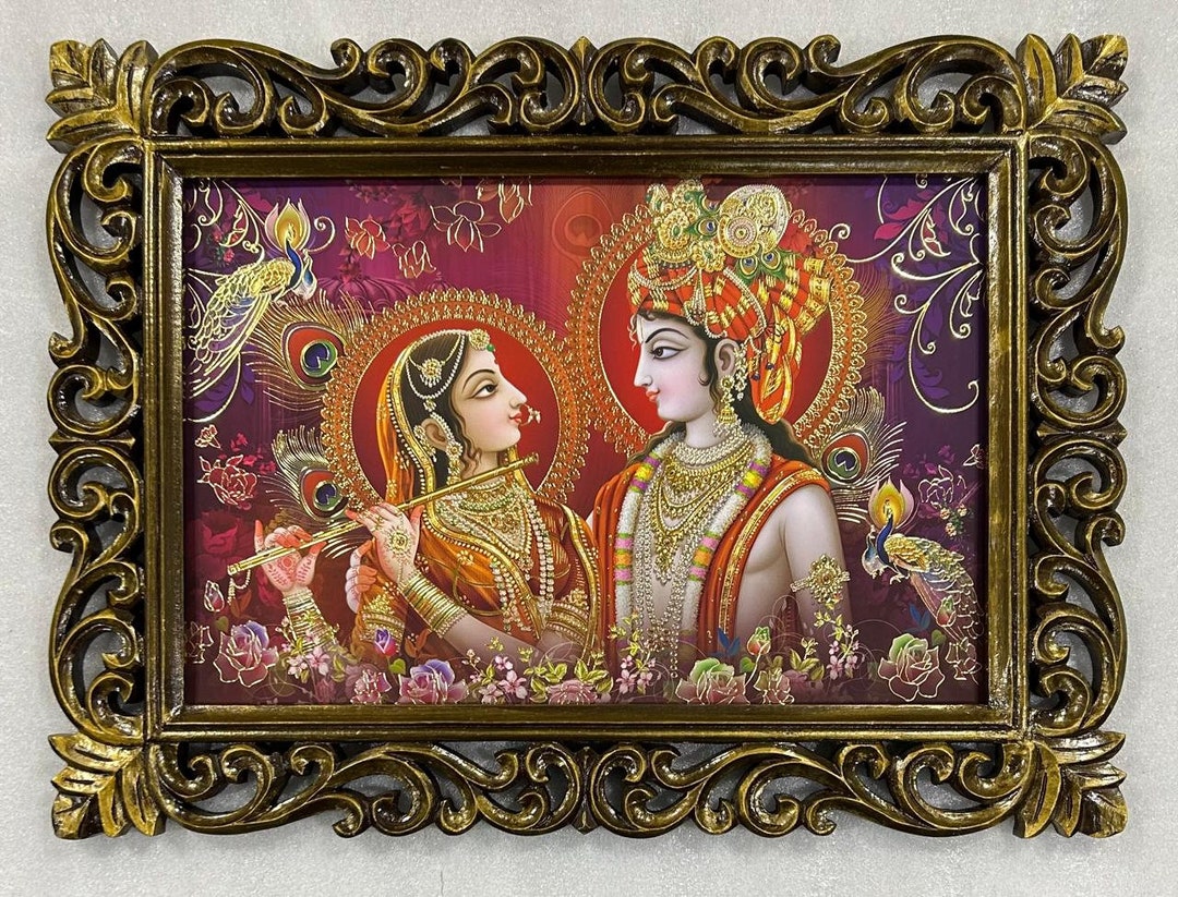Beautiful Radha Krishna Gold Workphoto Design Painting Print in Carved ...