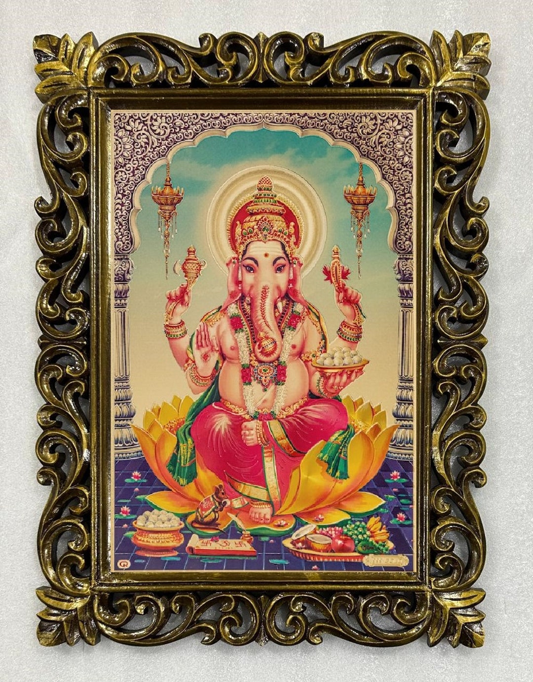 Shree Ganesh Gold Print Photo Design in Carved Wooden Frame Duco Finish ...