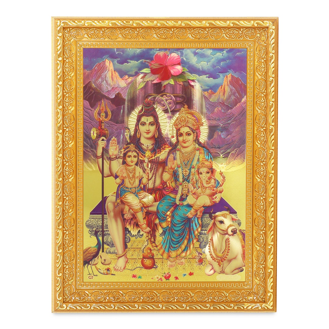Shiv Parivar Beautiful Golden Foil/zari Photo in Art Work Golden Frame ...