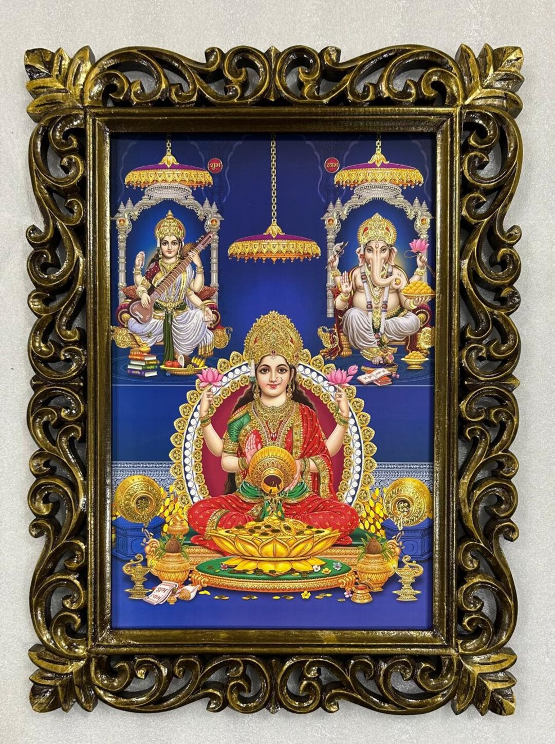 Lakshmi Artistic Gold Work Photo Design Painting Print in Carved Wooden ...