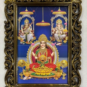 Lakshmi Artistic Gold Work Photo Design Painting Print in Carved Wooden ...
