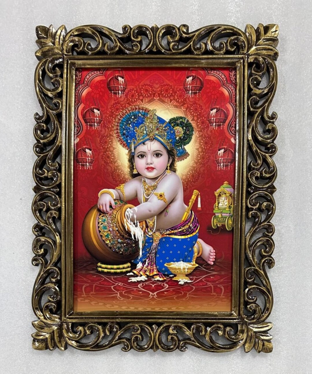 Bal Gopal Artistic Crystal Art-work Laminated Painting in Carved Wooden ...