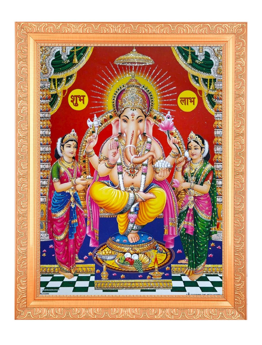 Ganesh-ji With Riddhi Siddhi Zari Print in Golden Artwork Frame (11 X ...