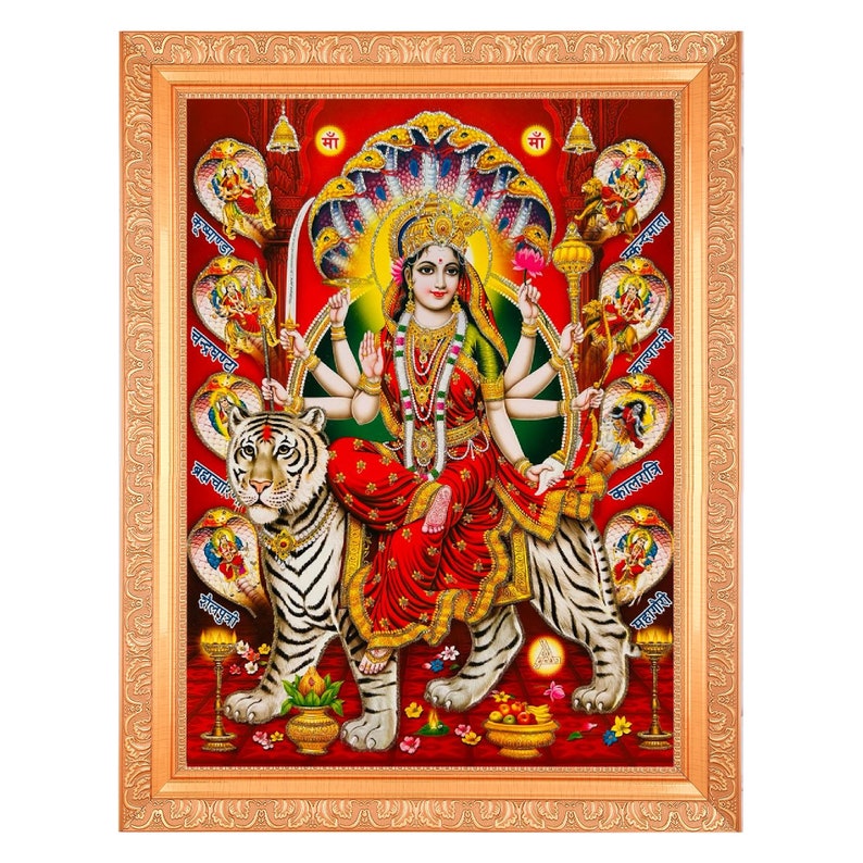 Nav Durga Silver Zari Art Work Photo in Golden Frame Big 14 X - Etsy