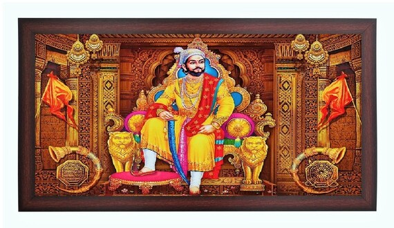 Shivaji Maharaj Sparkle Print Photo in Brown Wooden Frame Big | Etsy