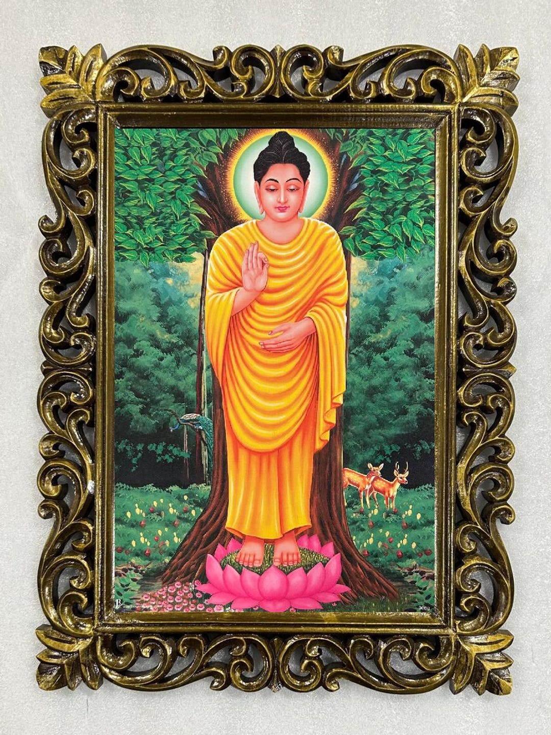 Lord Buddha Painting Print in Carved Wooden Frame Duco Finish Polished ...