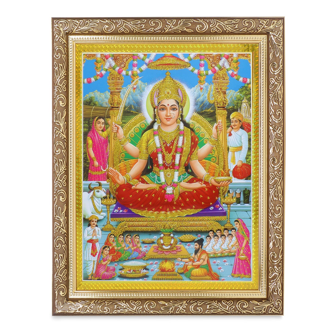 Santoshi Mata Silver Zari Art Work Photo in Golden Frame available in 2 ...