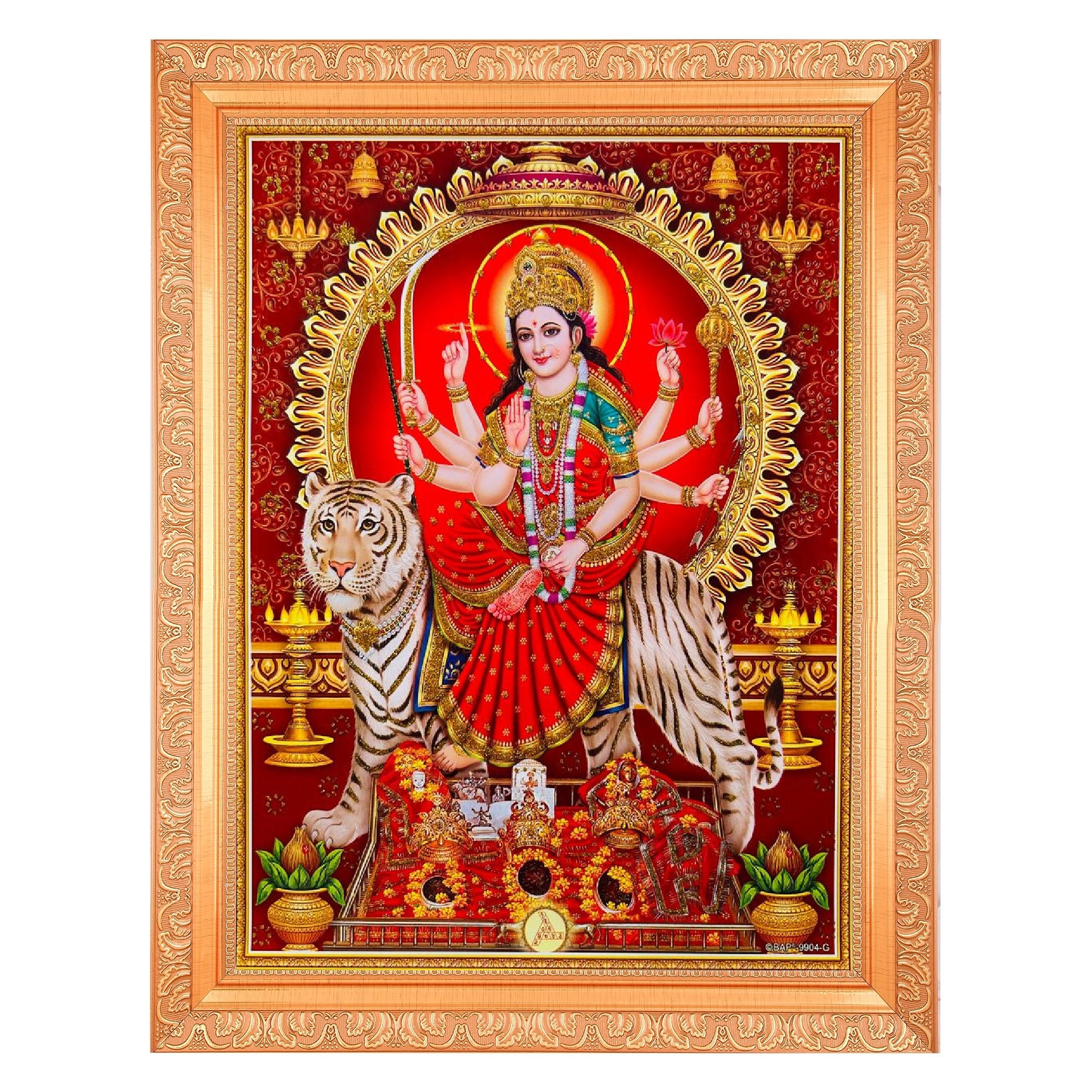 Maa Durga, Shivji, Vishnuji Golden Zari Photo in Ornate Gold Frame ...