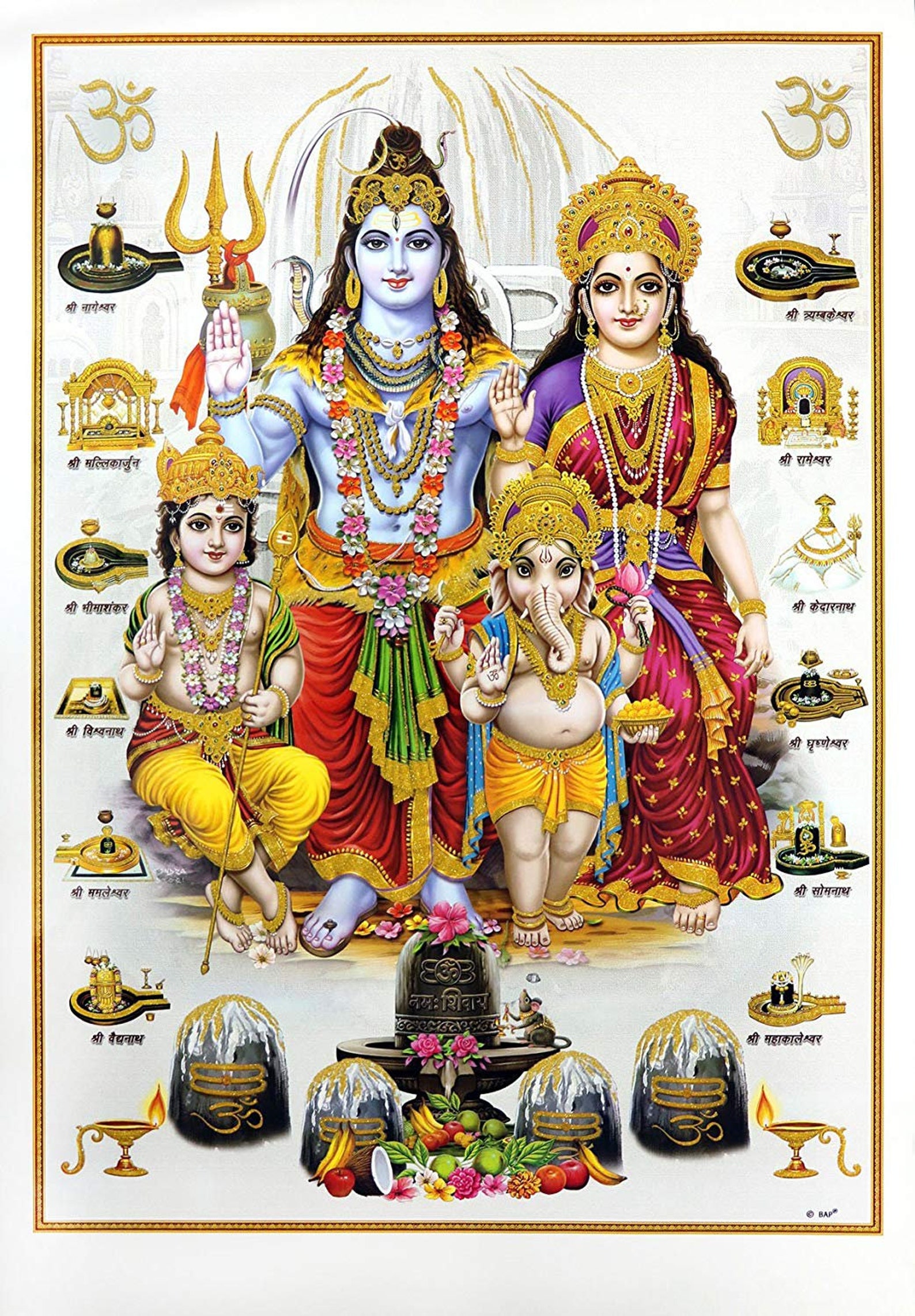 Shiv Parivar With 12 Joytirlinga Poster With Golden Zari Art | Etsy