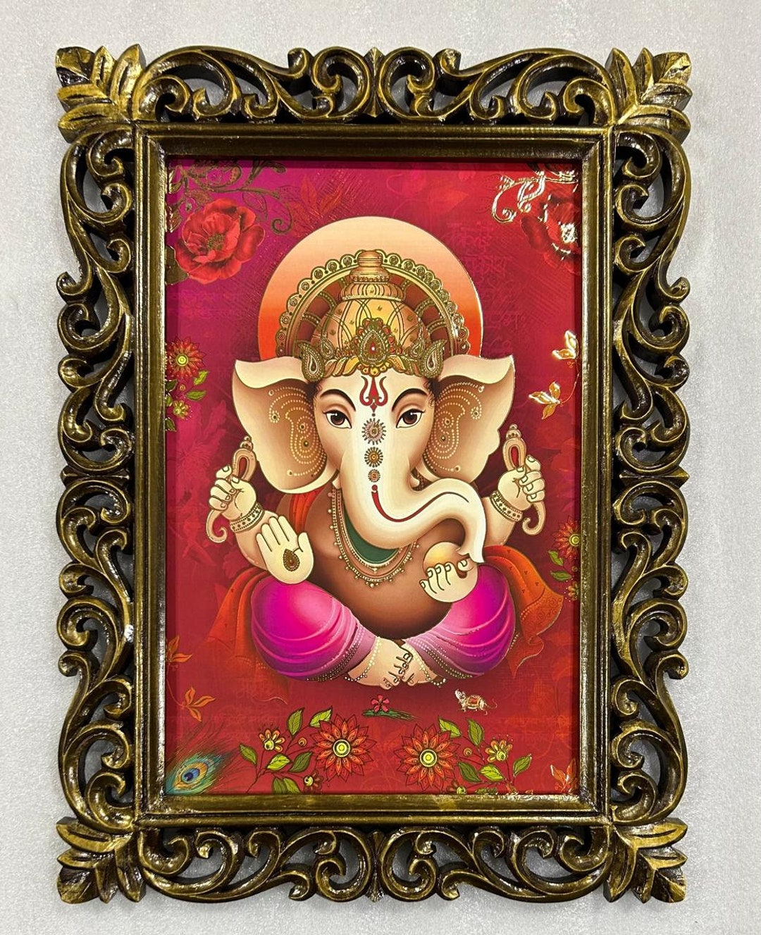Shri Ganesh Artistic Gold Work Photo Design Painting Print in Carved ...