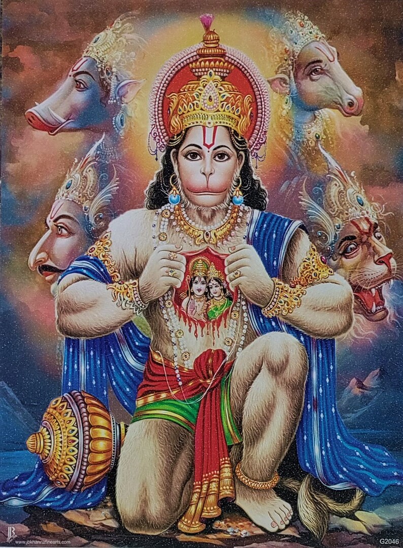 Panchmukhi Hanuman Sparkle Print in Golden Artwork Frame (11 X 14 Inch ...