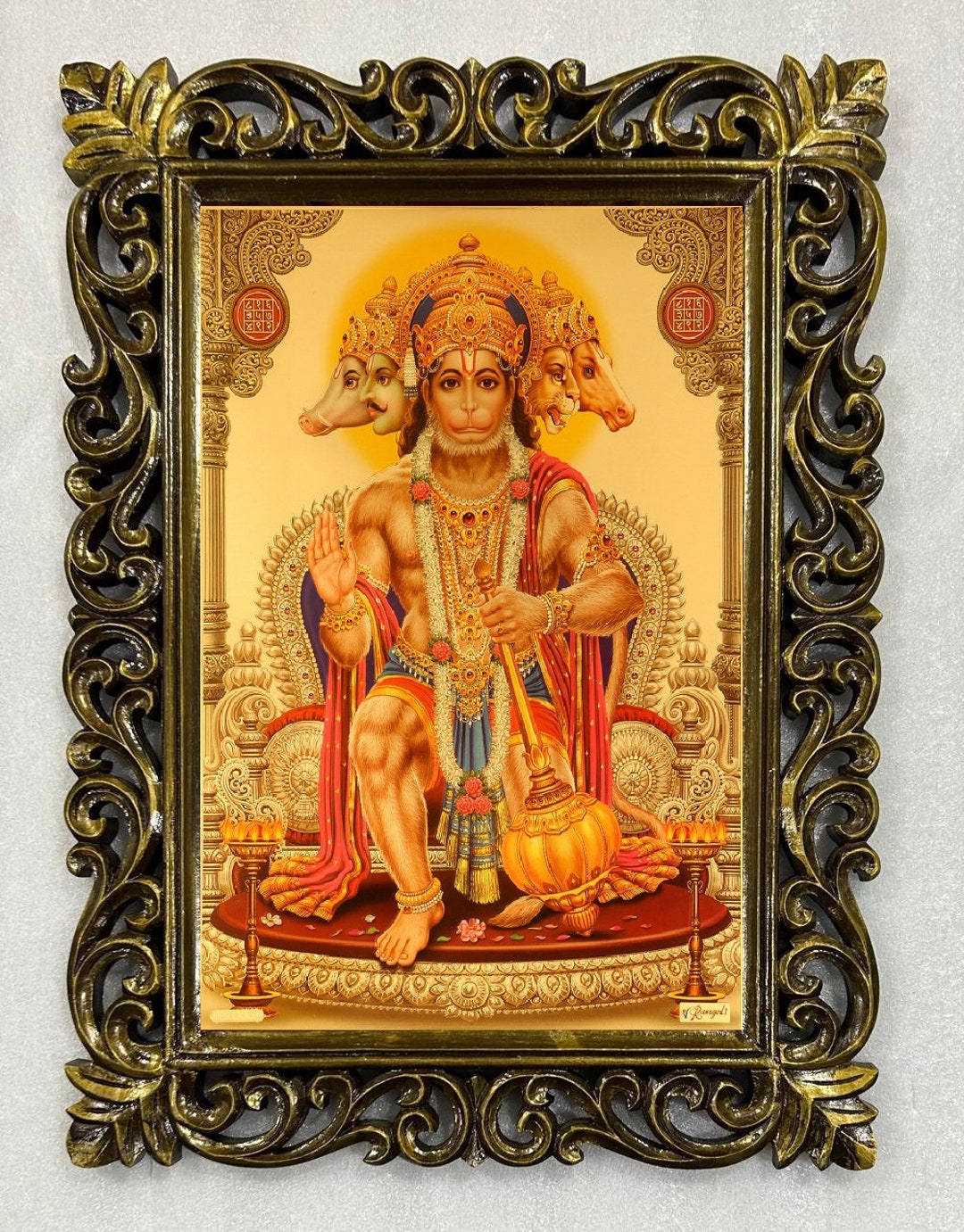 Panchmukhi Hanuman Gold Print Photo Design in Carved Wooden Frame Duco ...
