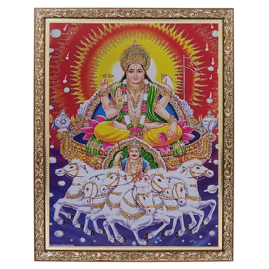 Surya Dev Ji With 7 Horses Painting Print Silver Zari Artwork Photo in ...