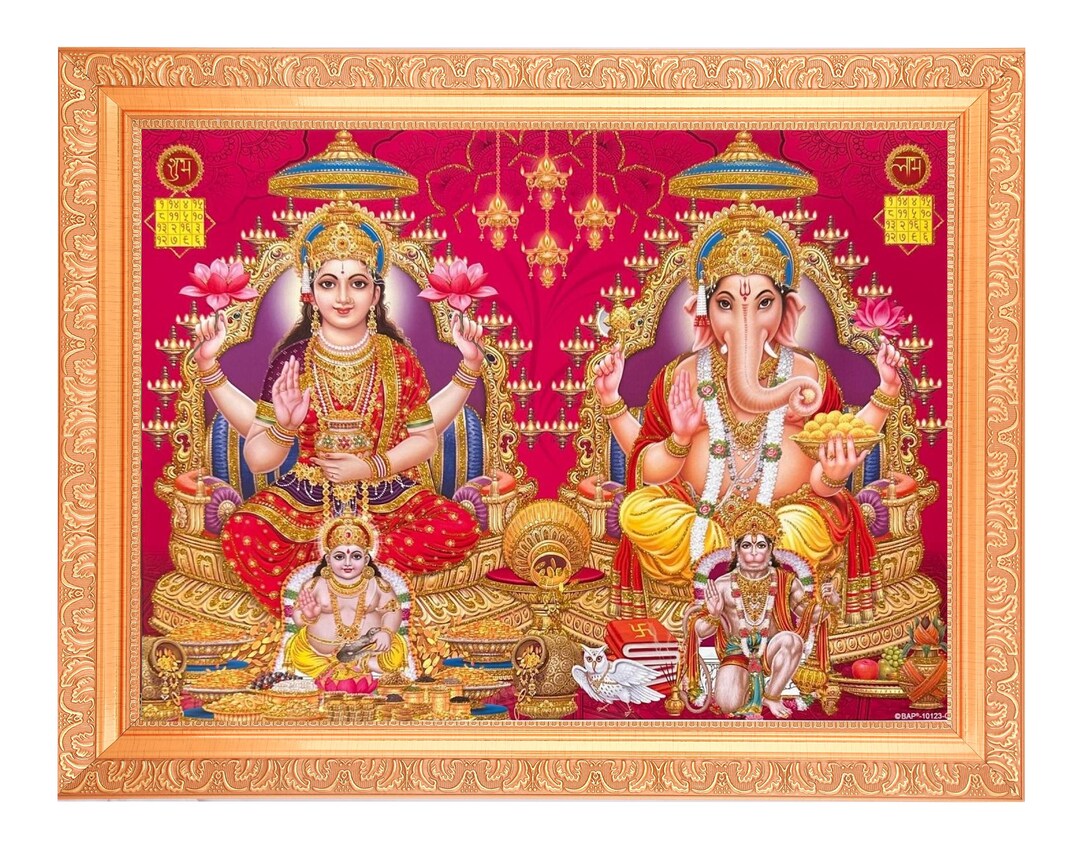 Lakshmi Ganesh Kuber Mahraj Hanumanji Giving Ashirwad Golden Zari ...
