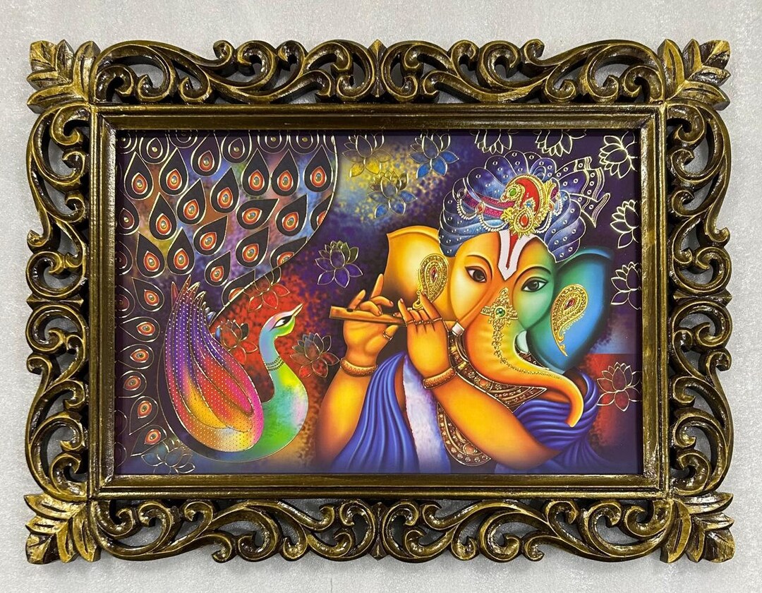 Modern Art Ganesha Gold Work Photo Design Painting Print in Carved ...