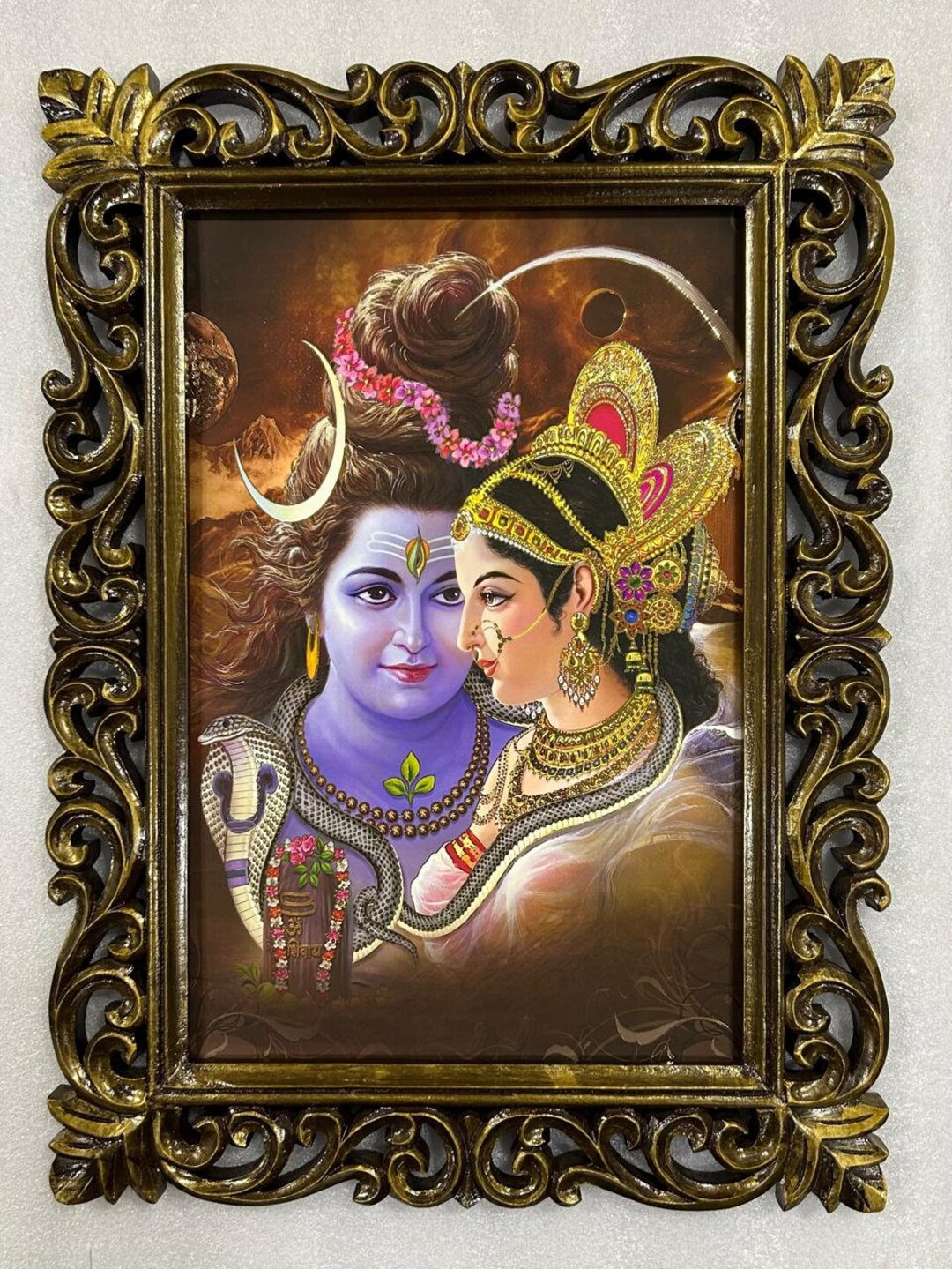 Shiv Parvati Artistic Gold Work Photo Design Painting Print in Carved ...