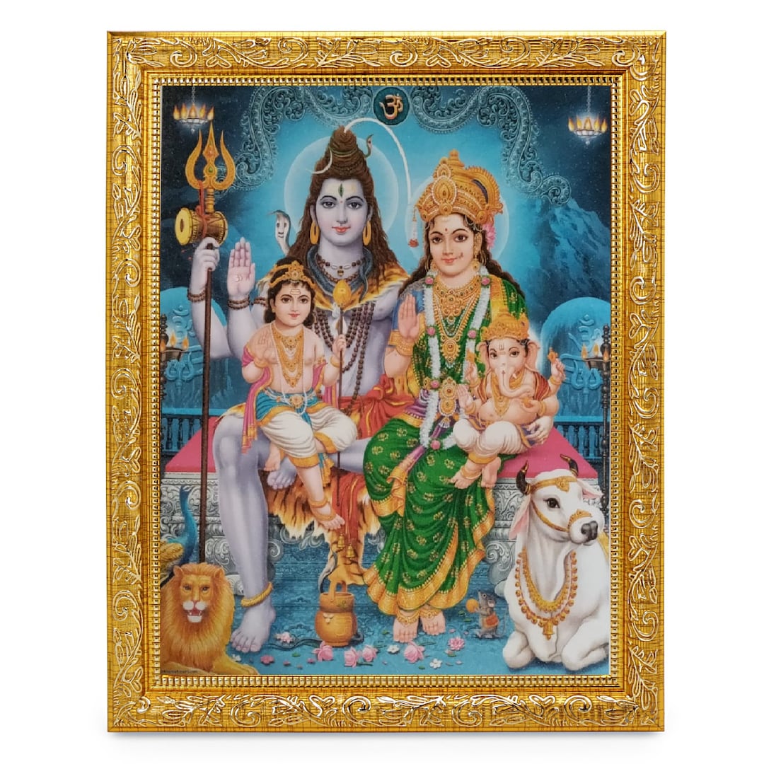 Shiv Parvati Parivar Beautiful Sparkle Print Elegant Photo in Golden ...