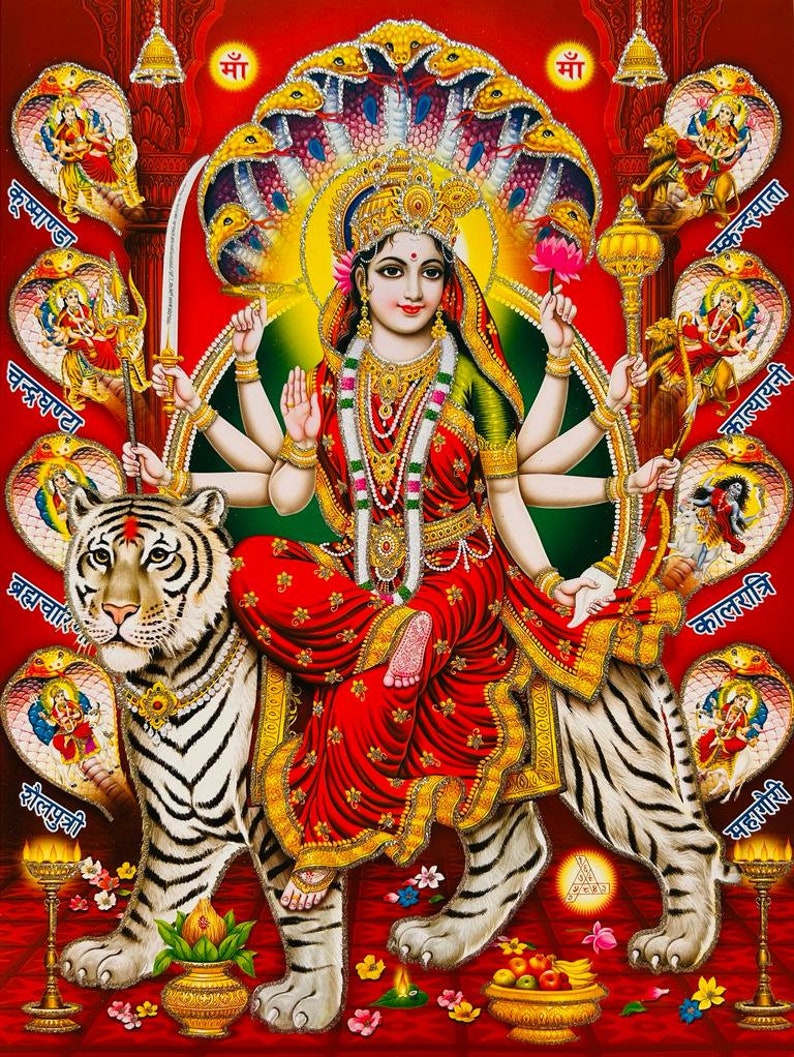 Nav Durga Silver Zari Art Work Photo in Golden Frame Big 14 X - Etsy